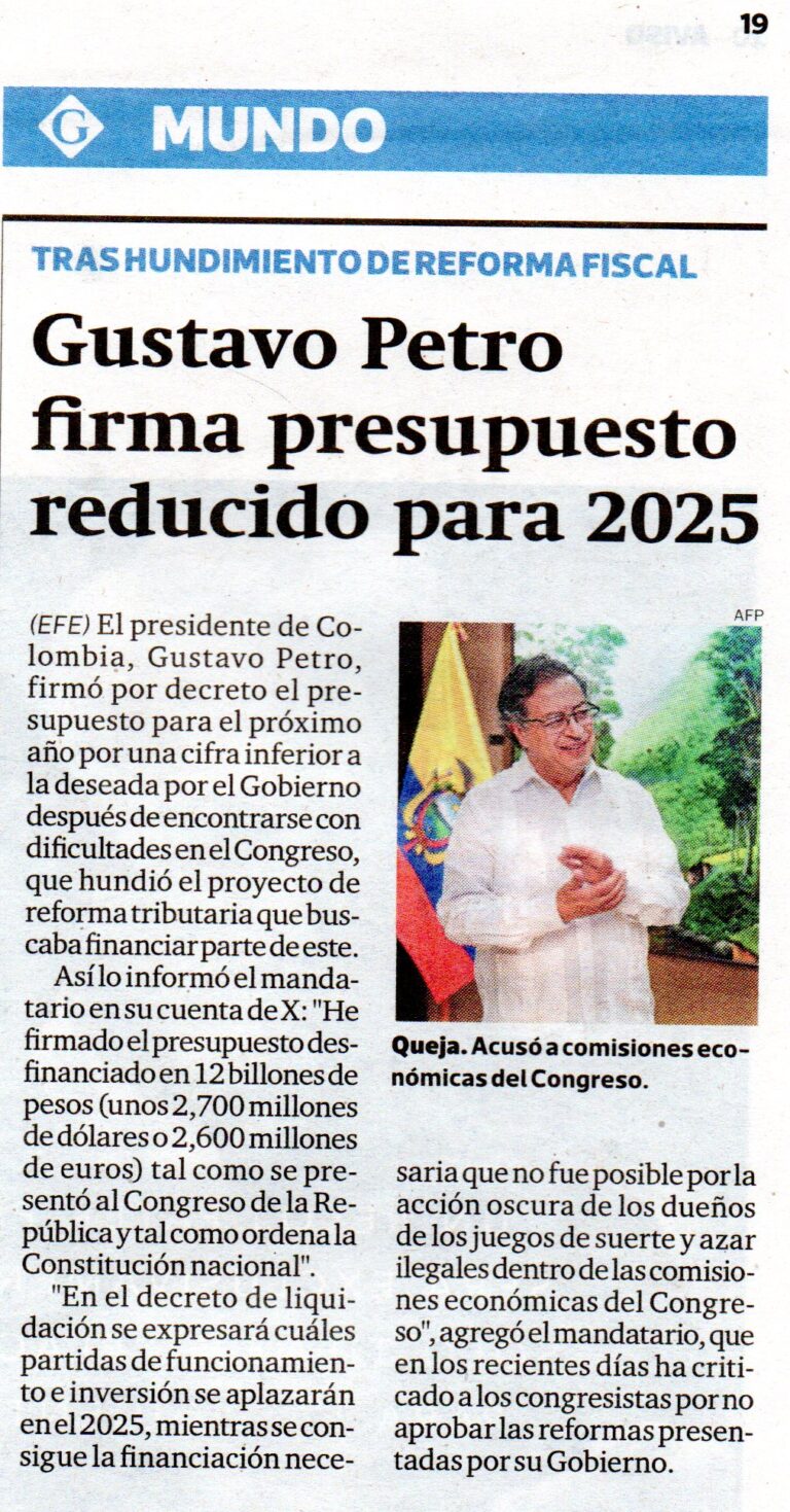 Gustavo Petro firma presupuesto reducido para 2025
